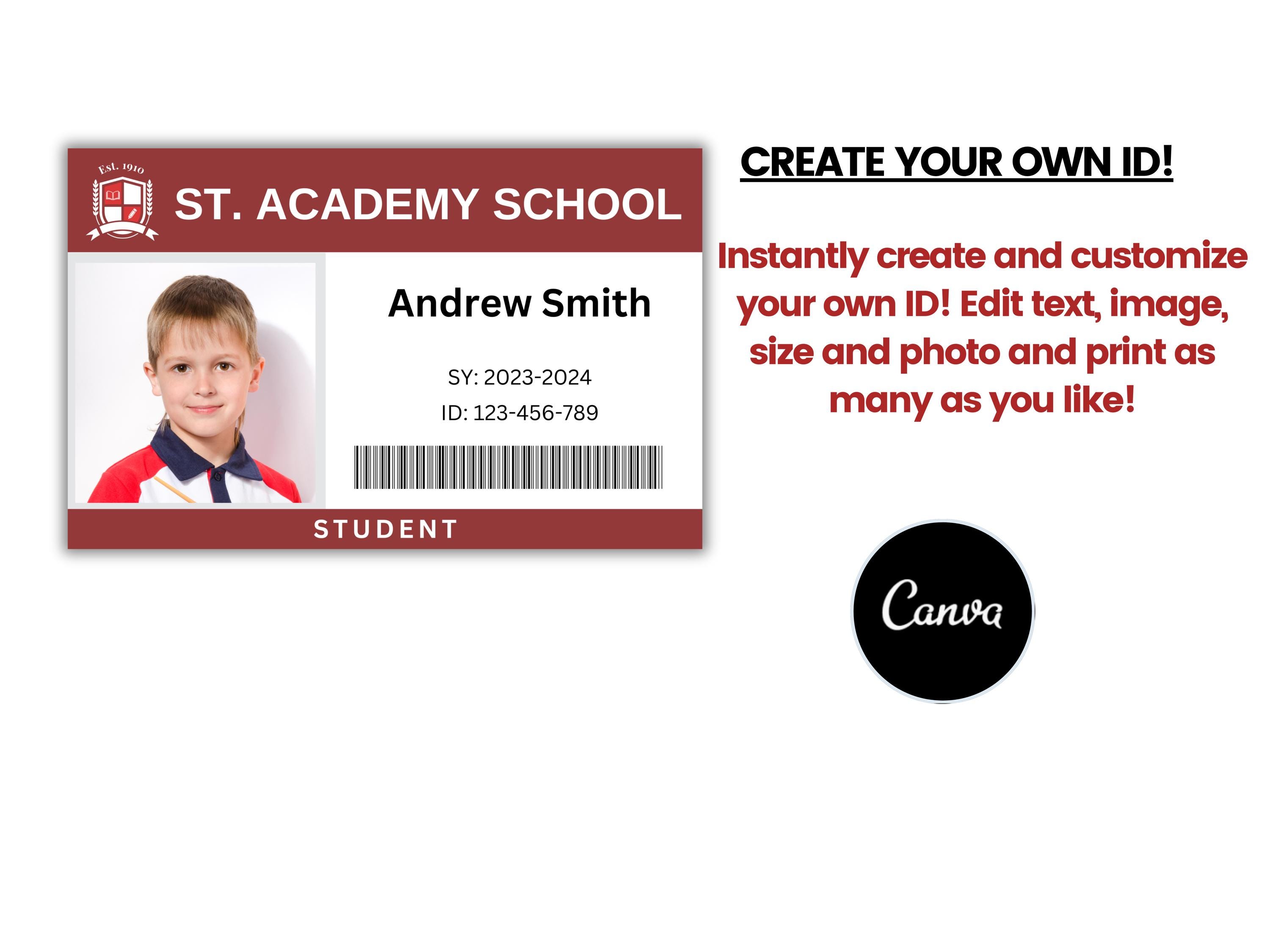 Student ID Card Template, Editable School ID, Homeschool Teacher Badge ...
