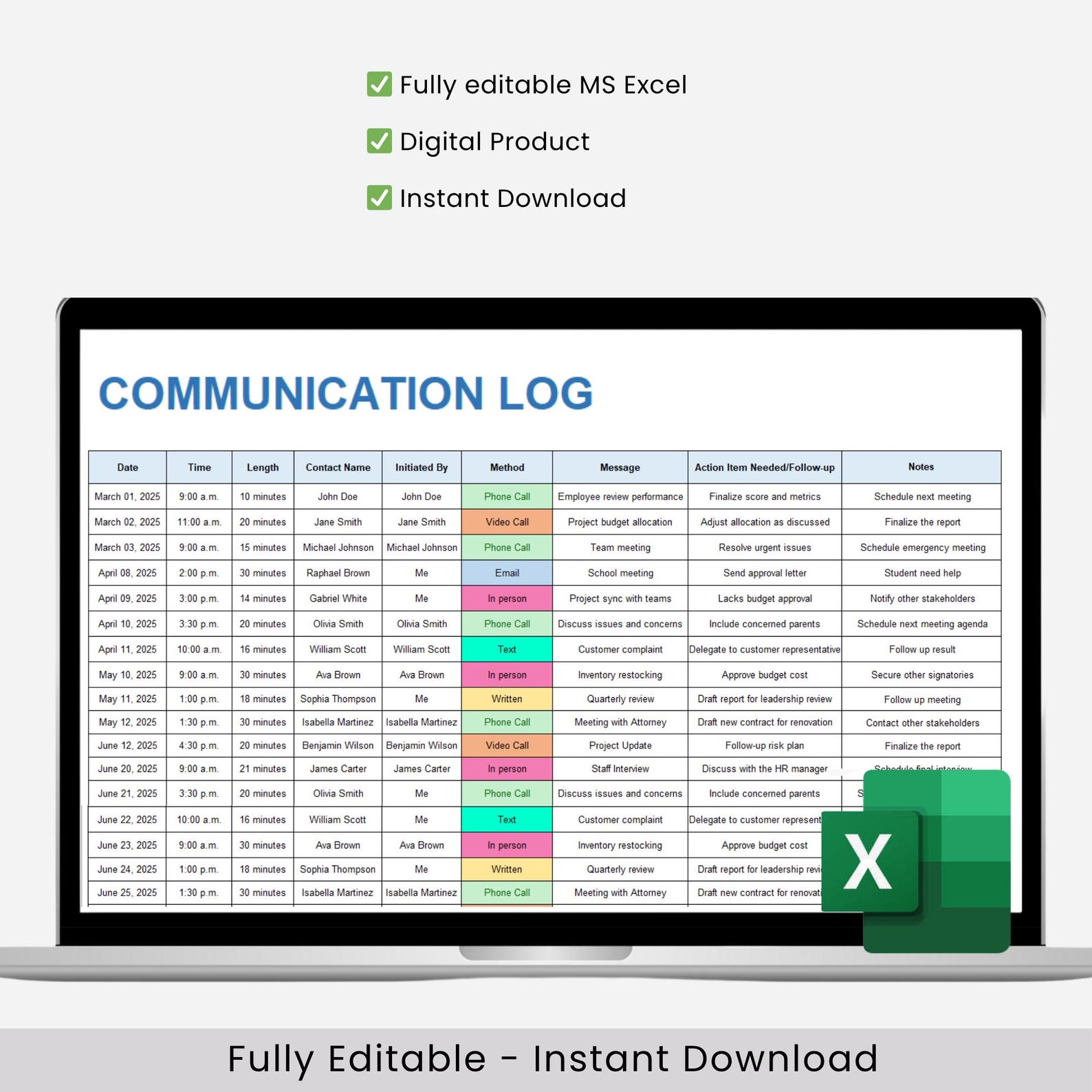 Communication Log Excel, Communication Log Template, Phone Log, Call ...