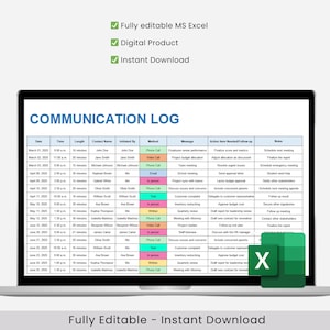 Communication Log Excel, Communication Log Template, Phone Log, Call ...