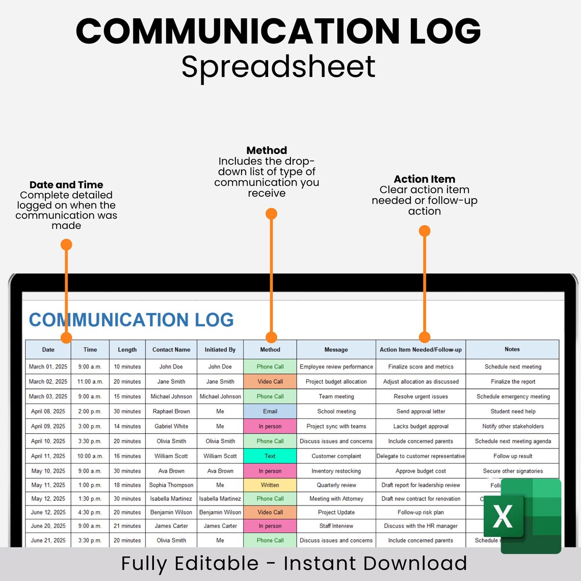 Communication Log Excel, Communication Log Template, Phone Log, Call ...