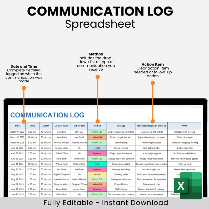 Communication Log Excel, Communication Log Template, Phone Log, Call Log, Email Tracker ...