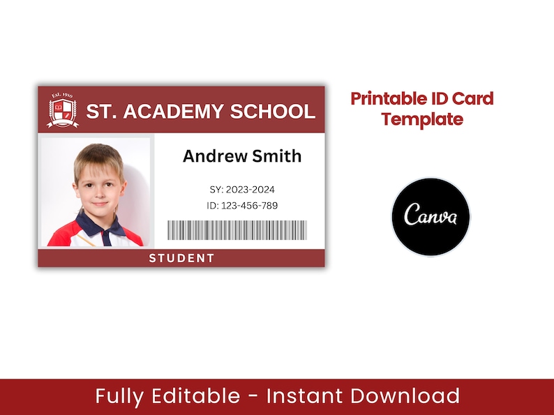 Student ID Card Template, Editable School ID, Homeschool Teacher Badge ...