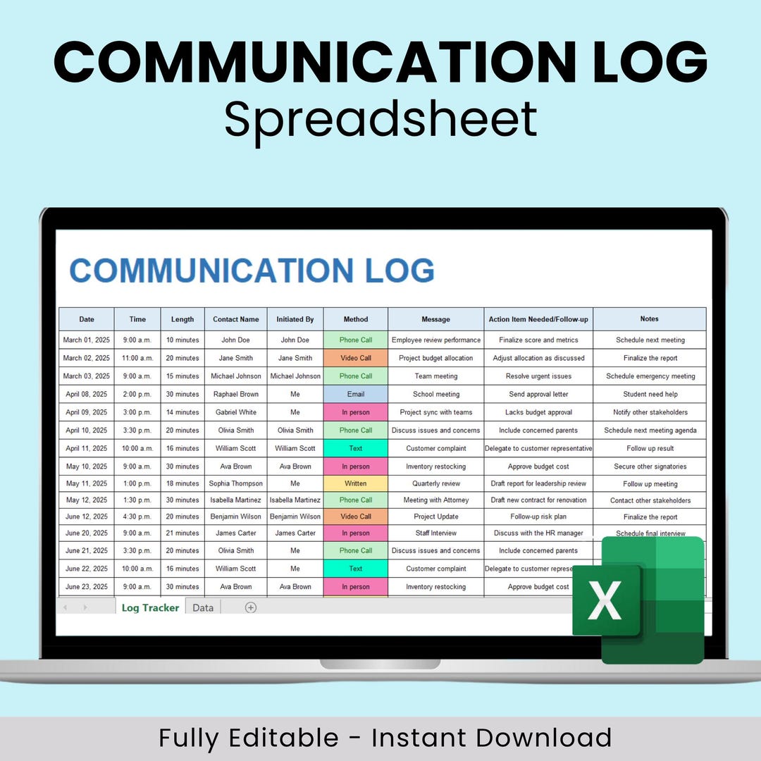 Communication Log Excel, Communication Log Template, Phone Log, Call ...