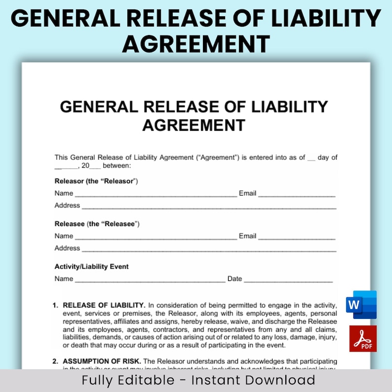General Release of Liability, Waiver Form, Release of Liability Form ...