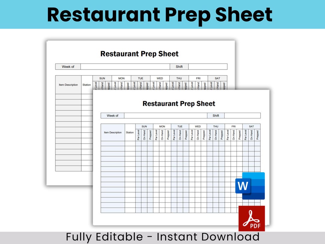 Restaurant Prep Sheet, Restaurant Inventory, Restaurant Food Checklist ...
