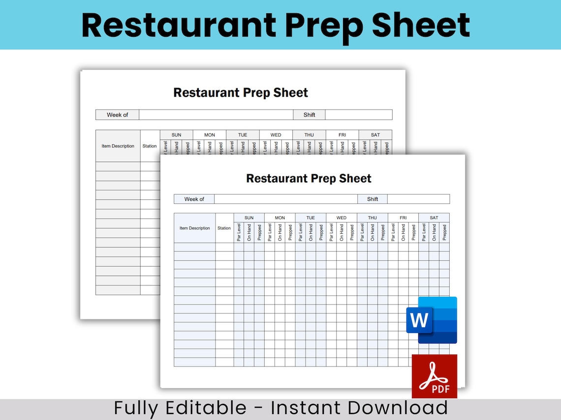 Restaurant Prep Sheet, Restaurant Inventory, Restaurant Food Checklist ...