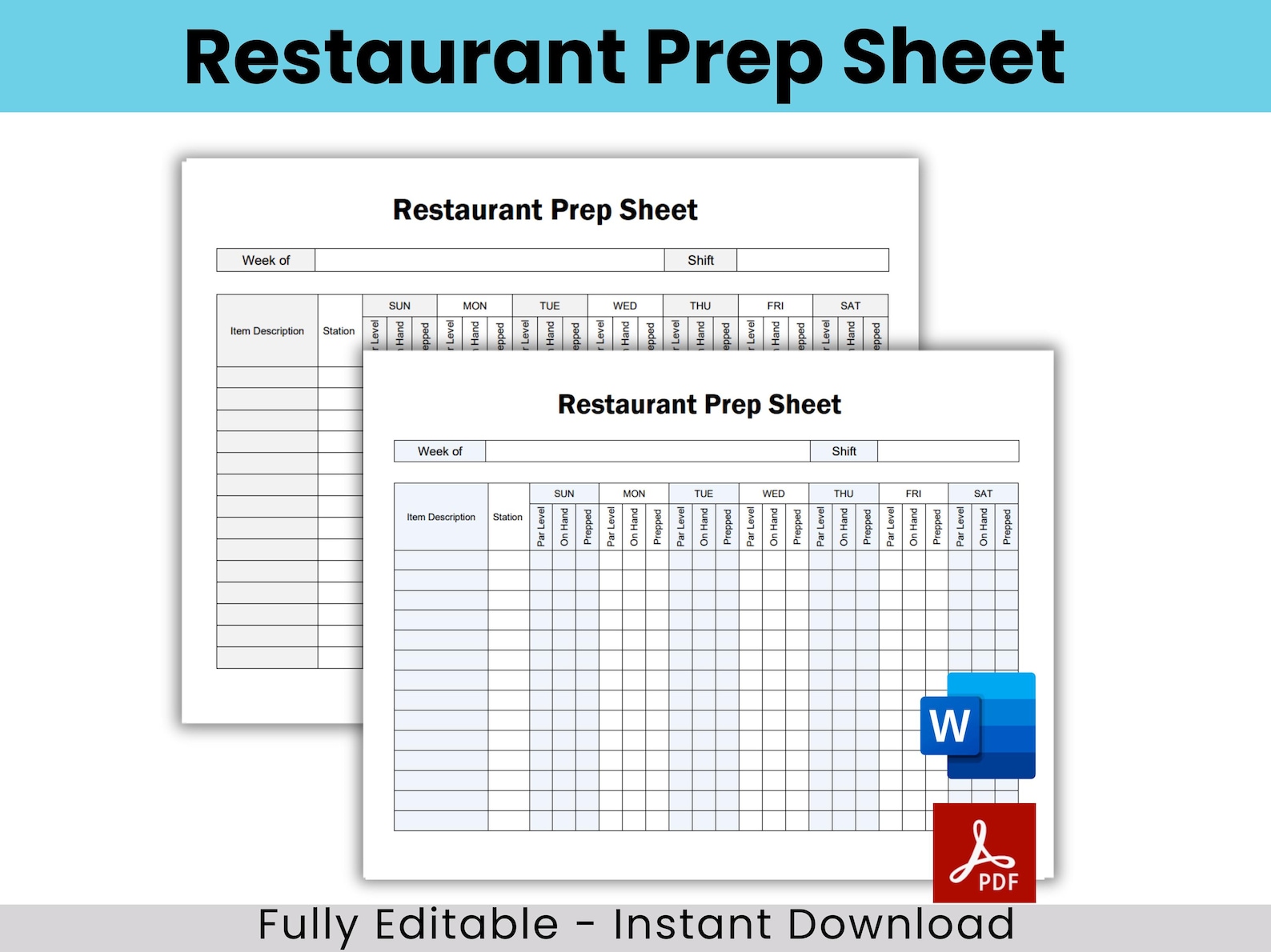 Restaurant Prep Sheet, Restaurant Inventory, Restaurant Food Checklist ...