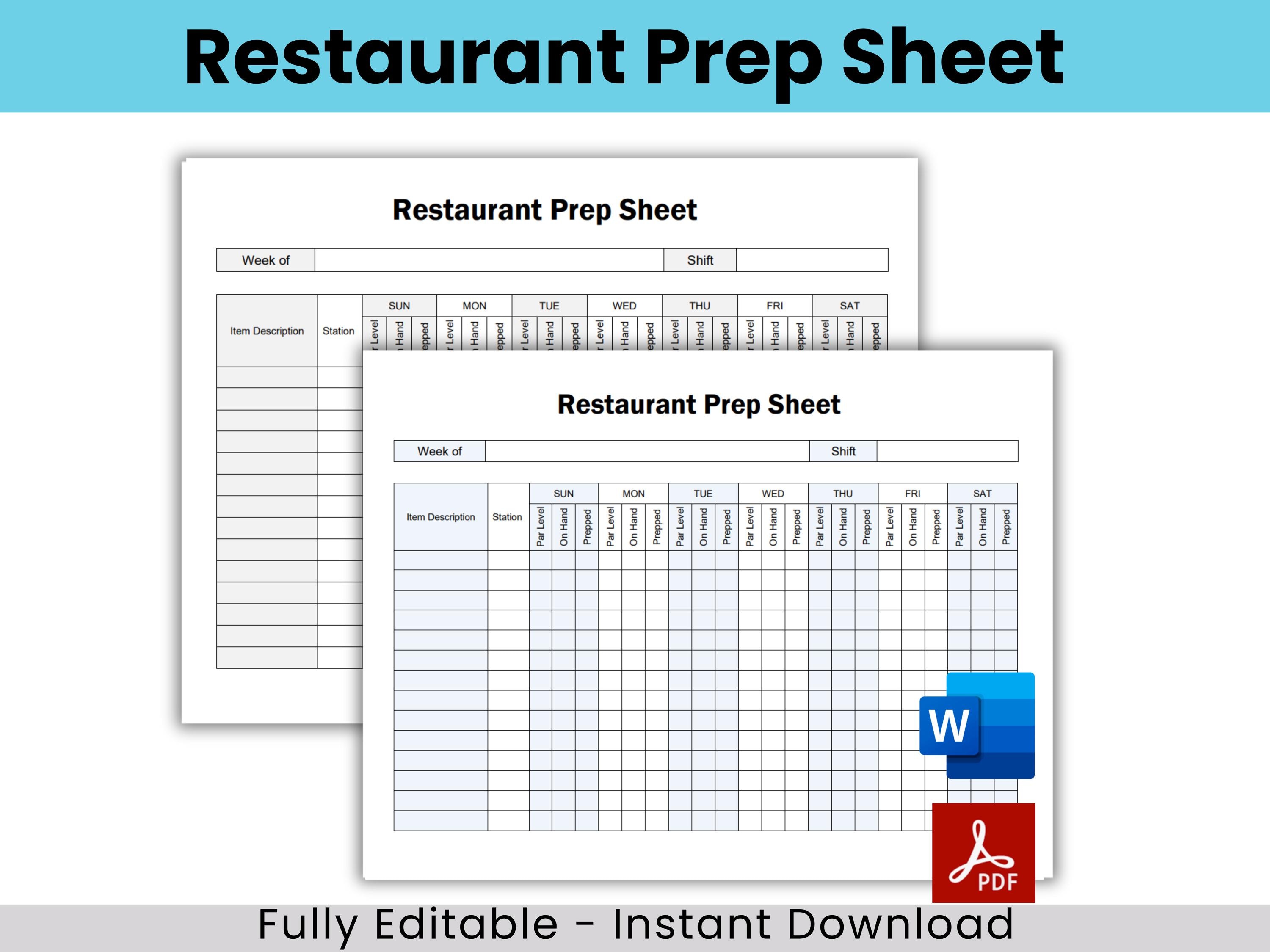 Restaurant Prep Sheet, Restaurant Inventory, Restaurant Food Checklist ...