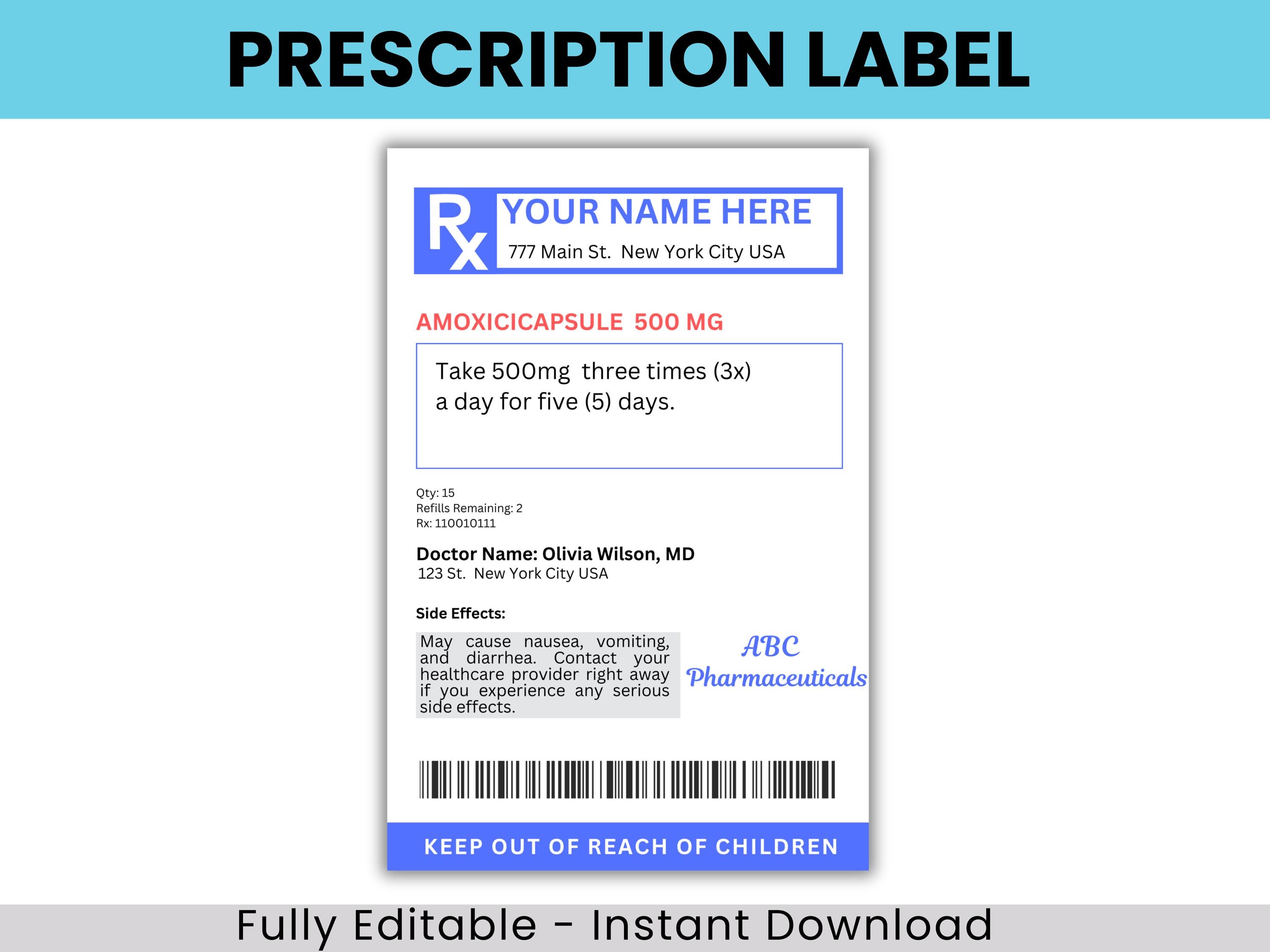 Prescription Label Template, Editable Medicine Label, Fake Prescription ...