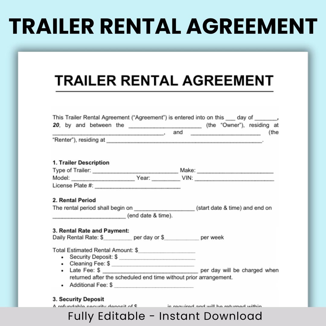 Trailer Rental Agreement, Trailer Rental Contract, Rental Contract ...
