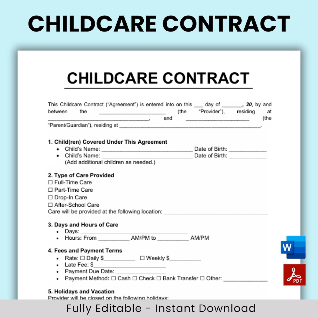 Childcare Contract, Childcare Agreement, Home Daycare Contract, Child ...