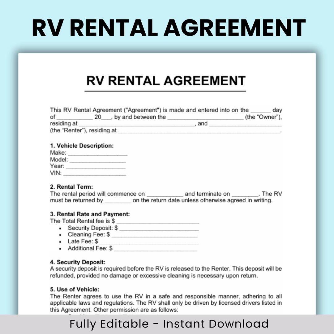 RV Rental Agreement, RV Rental Contract, Motorhome Contract, Trailer ...