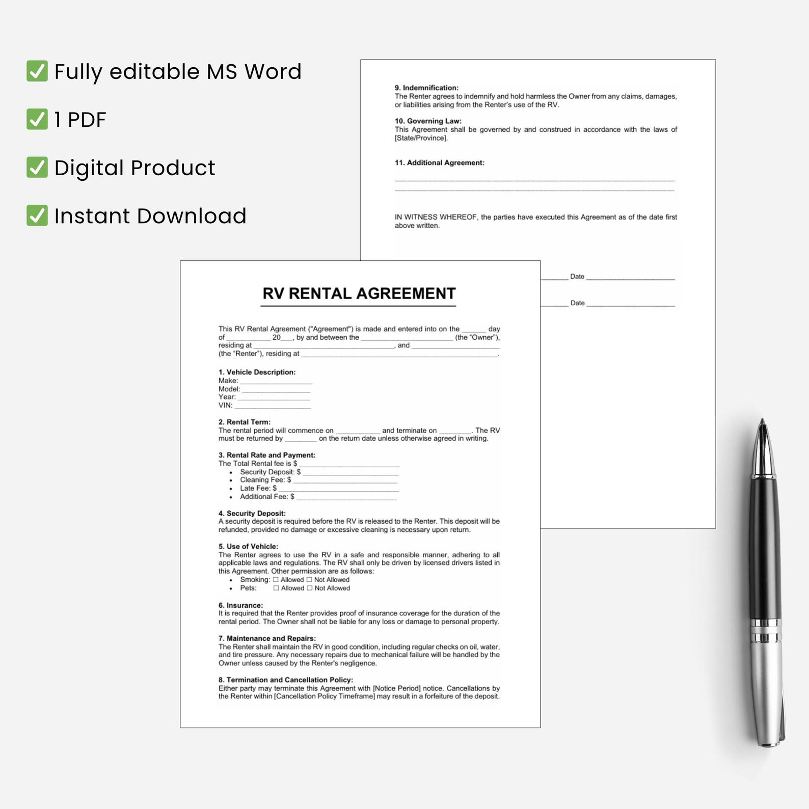 RV Rental Agreement, RV Rental Contract, Motorhome Contract, Trailer ...