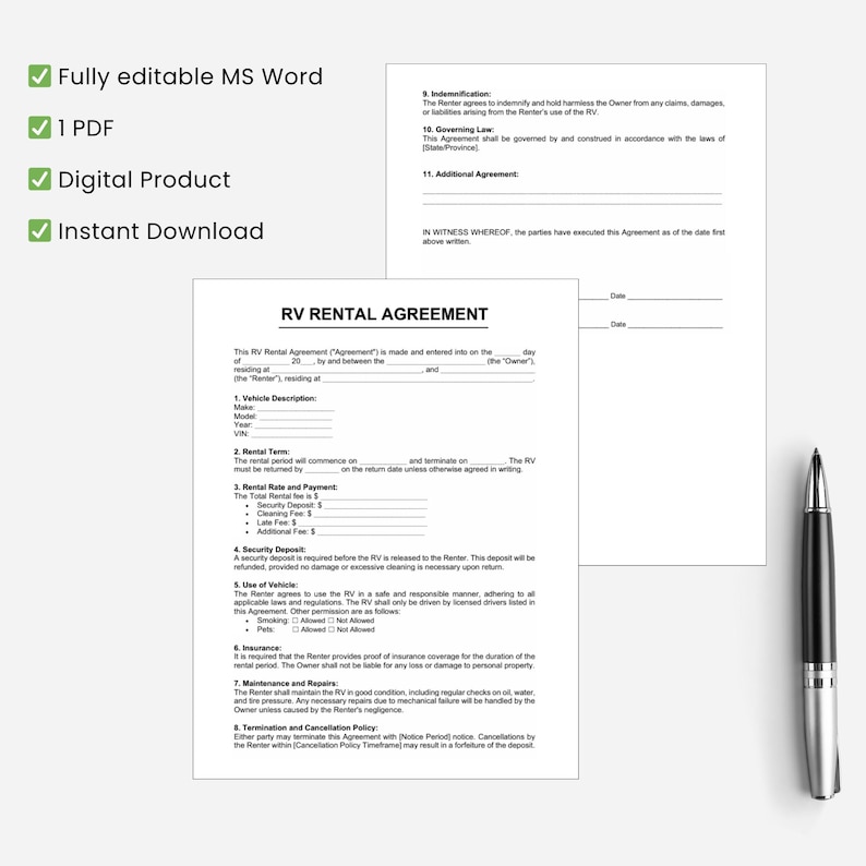 RV Rental Agreement, RV Rental Contract, Motorhome Contract, Trailer ...