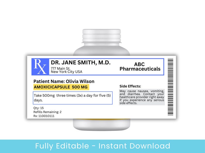 Prescription Label Template, Editable Medicine Label, Pill Bottle Label ...