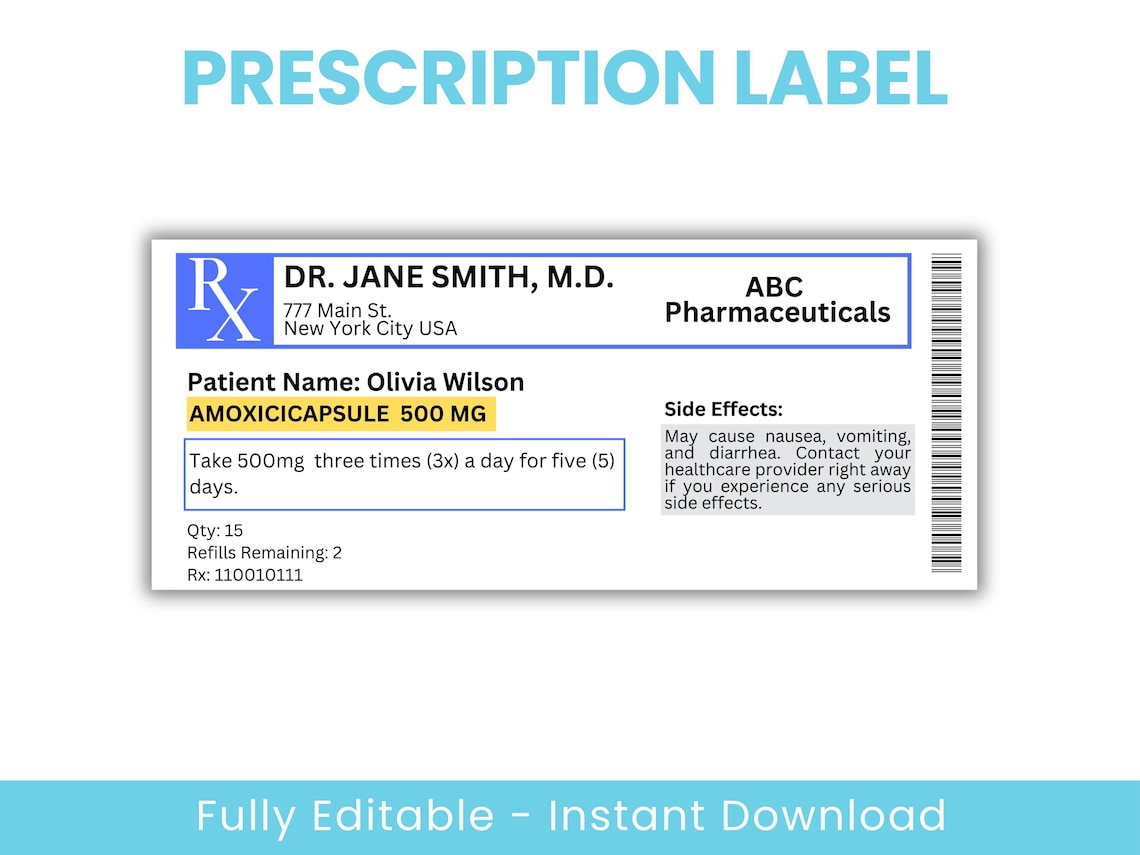 Prescription Label Template, Editable Medicine Label, Pill Bottle Label ...