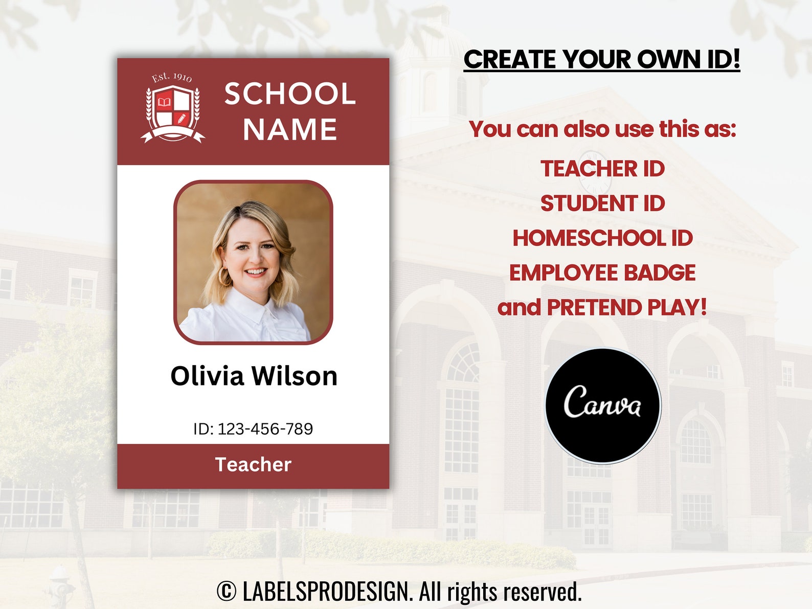 Teacher ID Card Template, Editable ID Template, Custom Teacher, Student ...