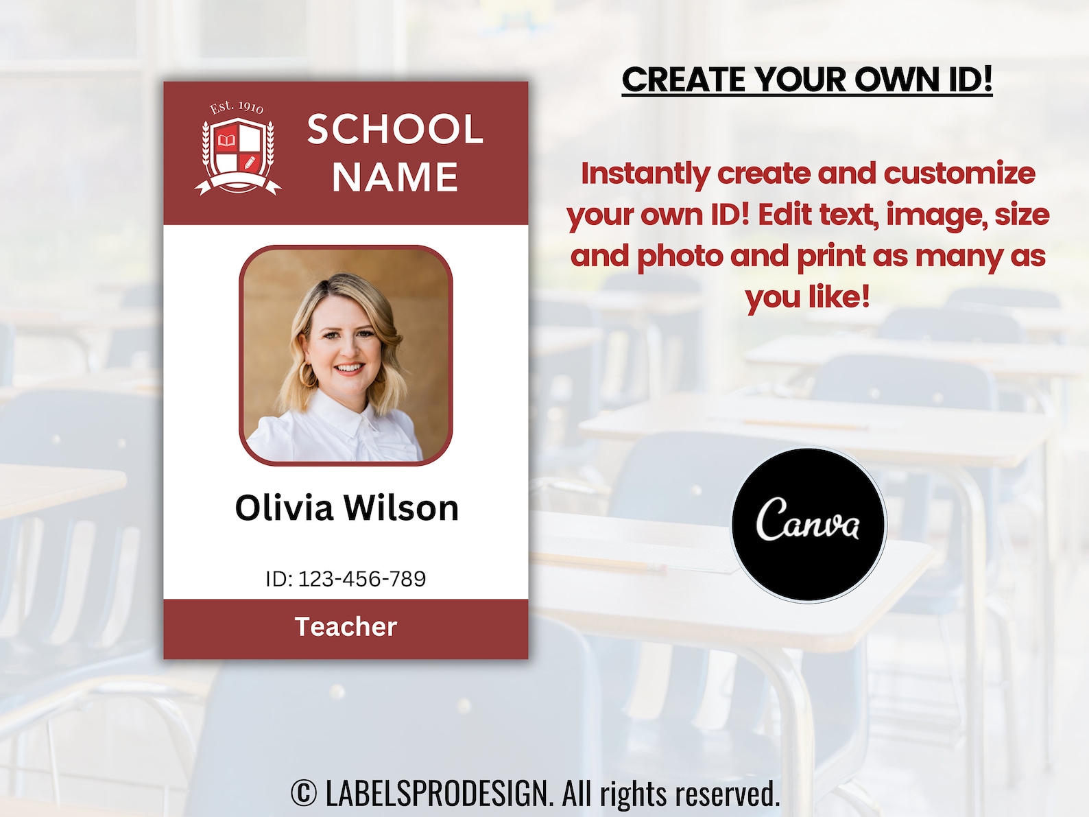 Teacher ID Card Template, Editable ID Template, Custom Teacher, Student ...