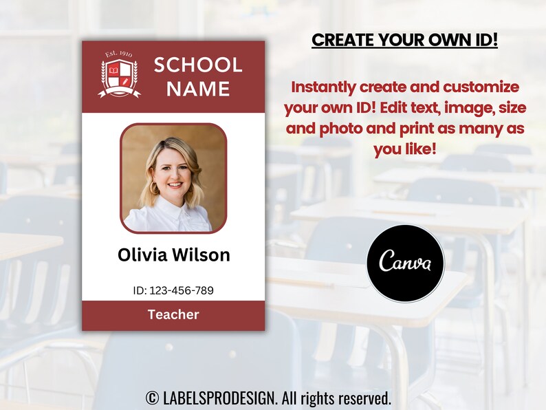 Teacher ID Card Template, Editable ID Template, Custom Teacher, Student ...