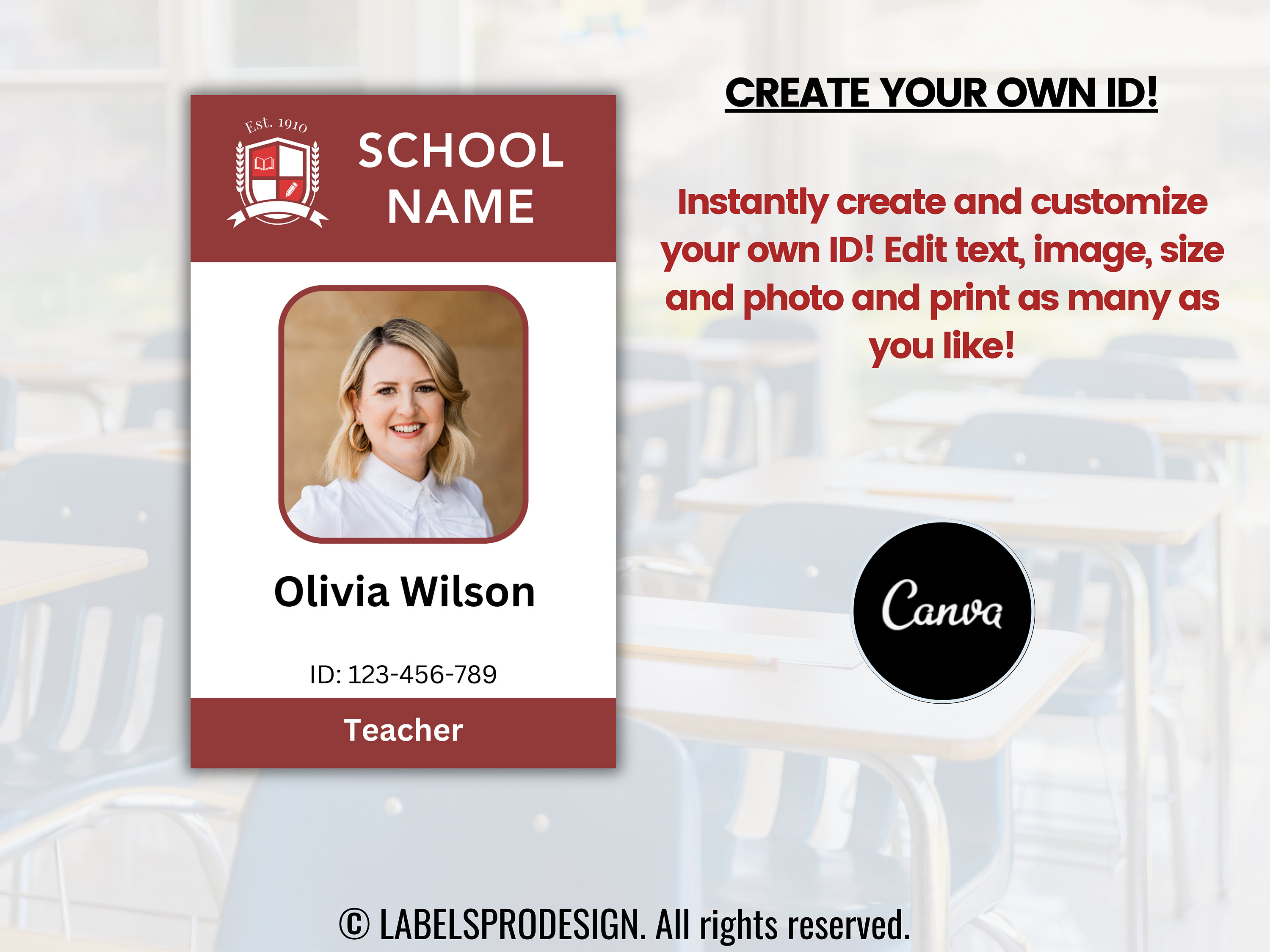 Teacher ID Card Template, Editable ID Template, Custom Teacher, Student ...