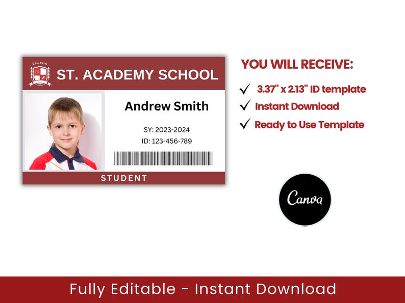 Student ID Card Template, Editable School ID, Homeschool Teacher Badge ...