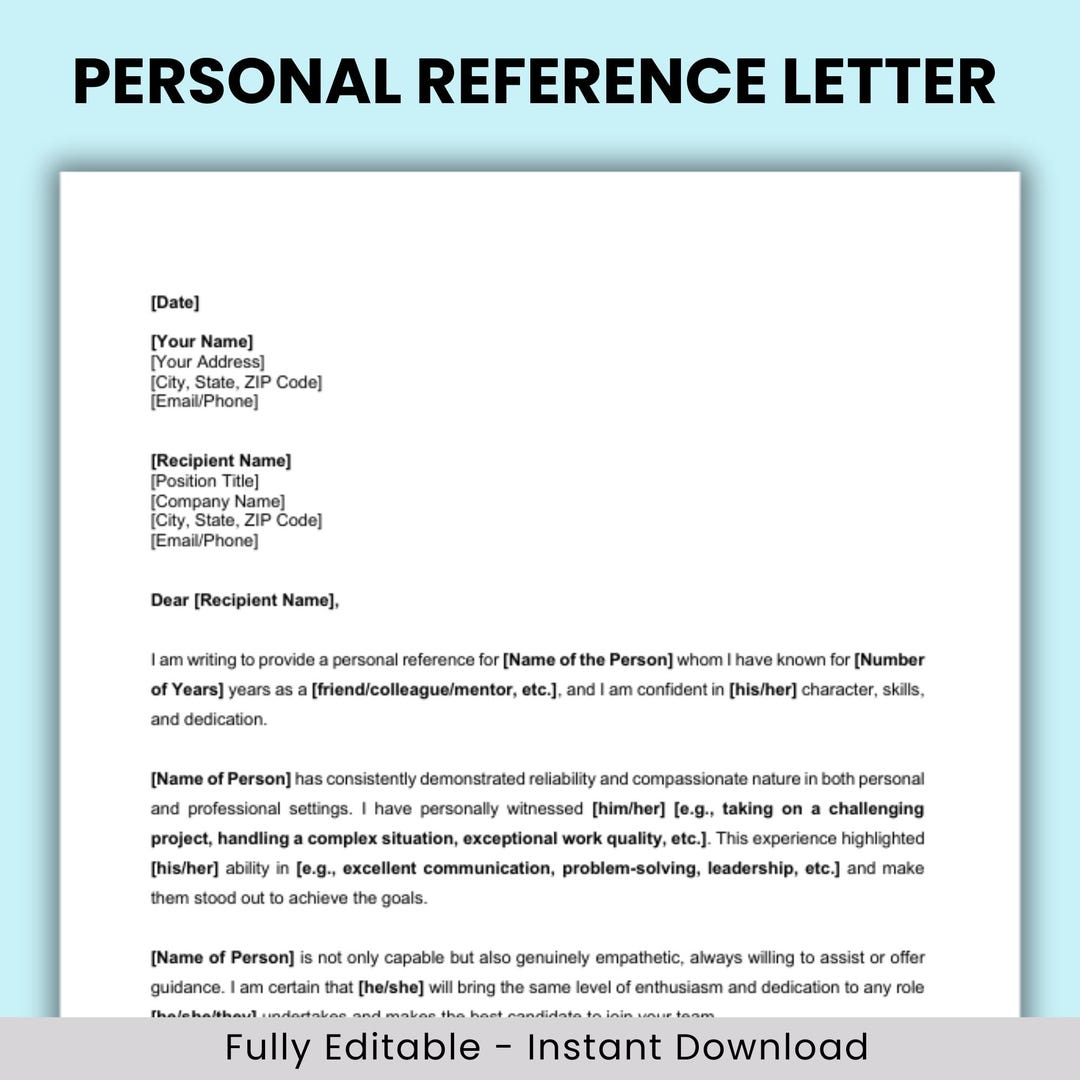 Personal Reference Letter Template, Letter of Recommendation, Character ...