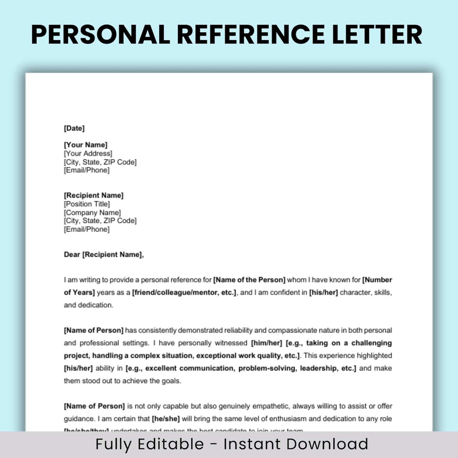 Personal Reference Letter Template, Letter of Recommendation, Character ...