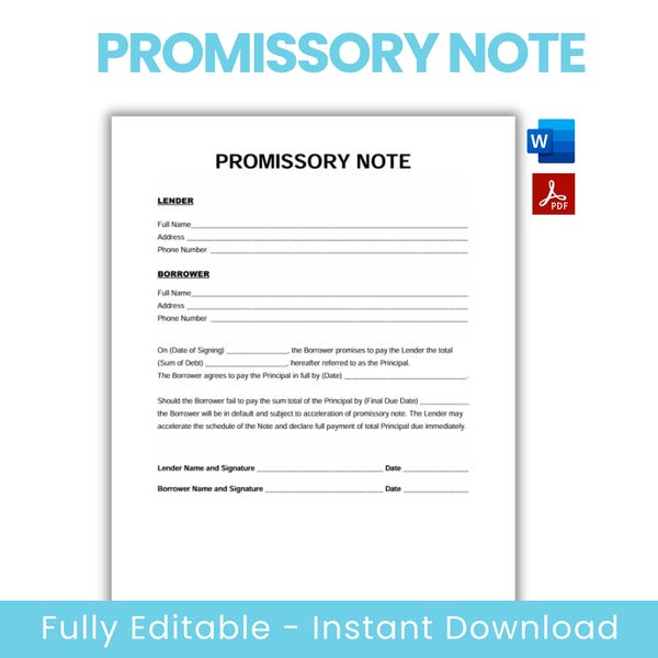 Promissory Note Template - Etsy