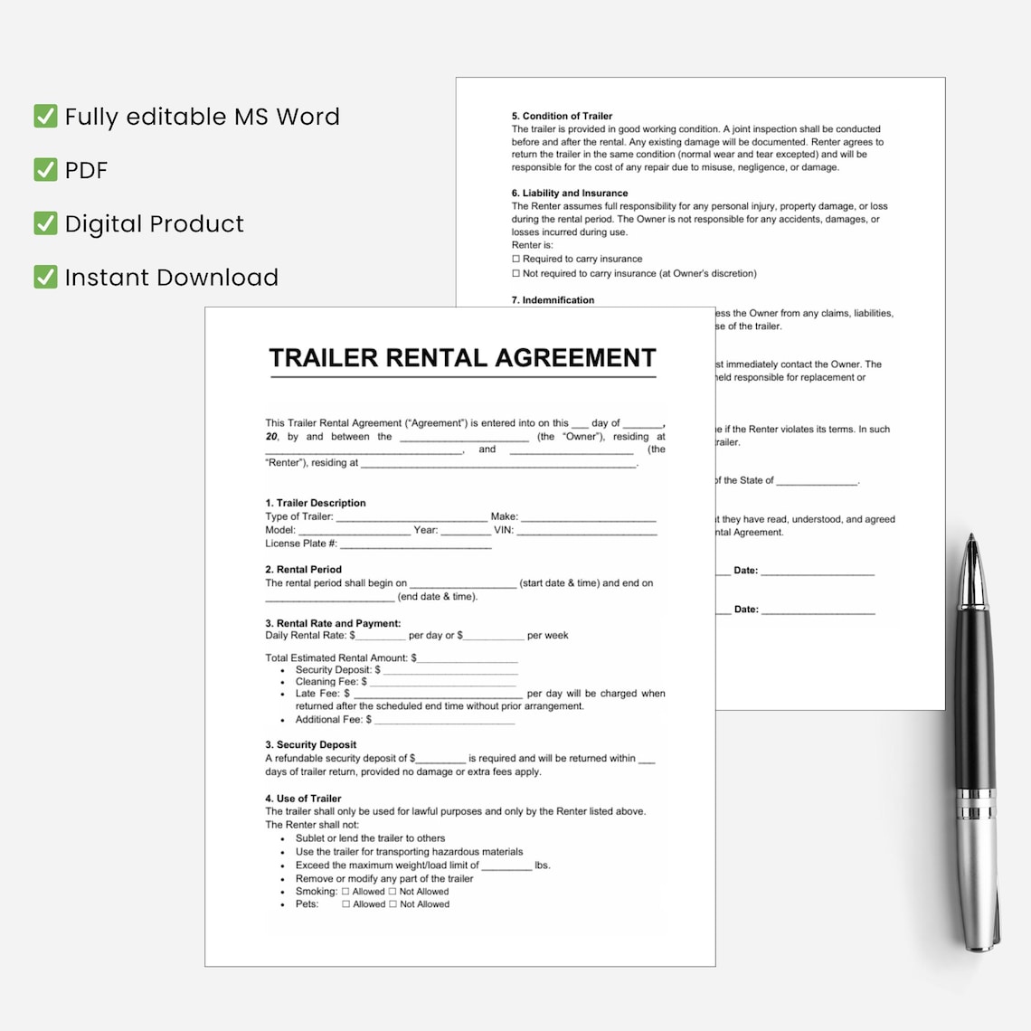 Trailer Rental Agreement, Trailer Rental Contract, Rental Contract ...