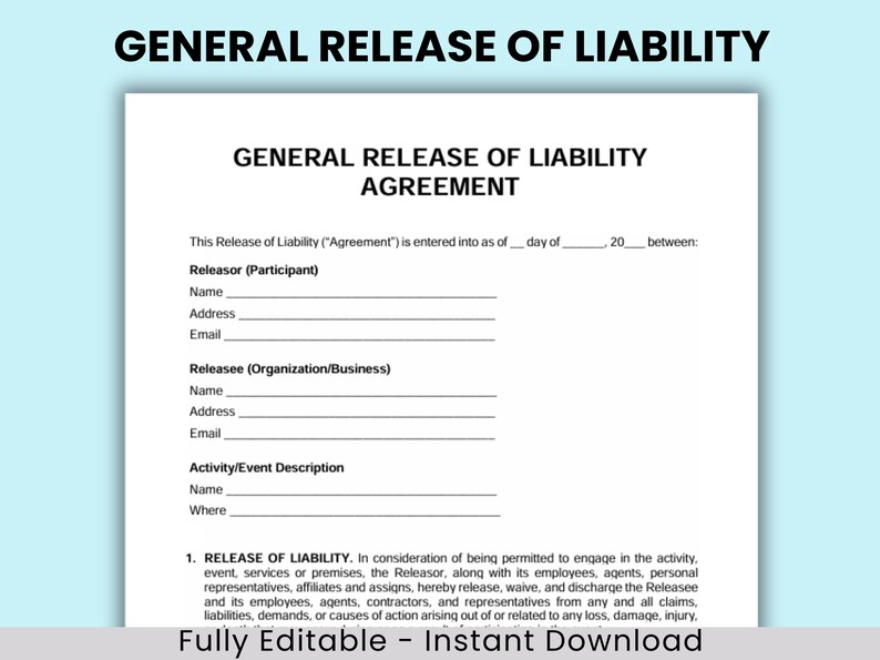 General Release of Liability, Waiver Form, Release of Liability Form ...