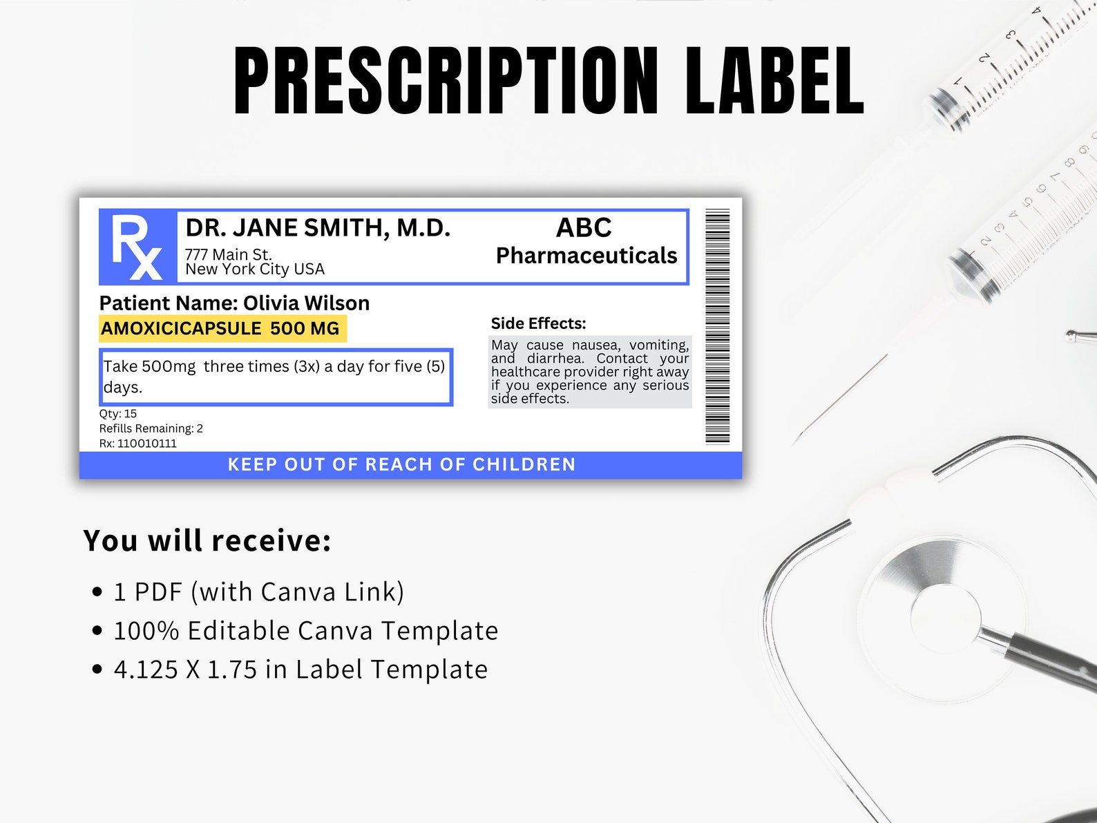 Prescription Label Template, Editable Medicine Label, Pill Bottle Label ...
