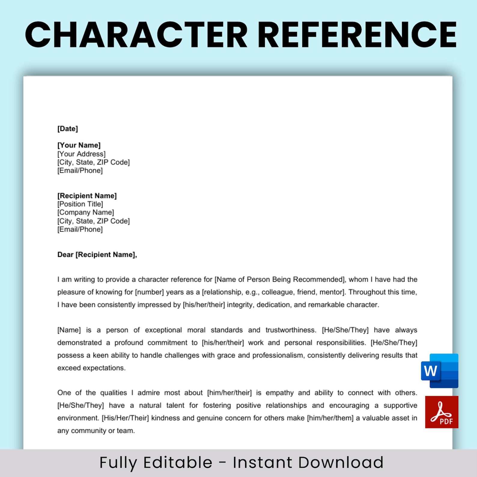 Professional Character Reference Letter Template, Character Reference ...