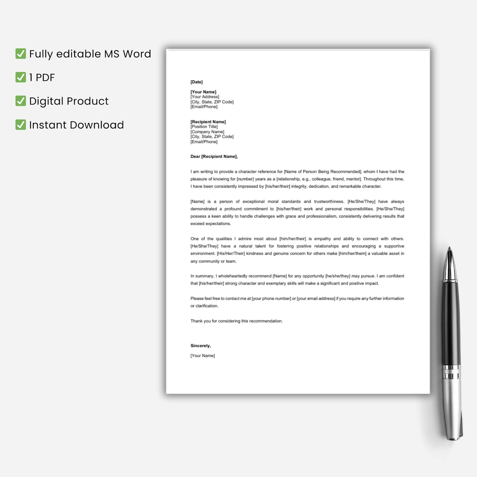 Professional Character Reference Letter Template, Character Reference ...