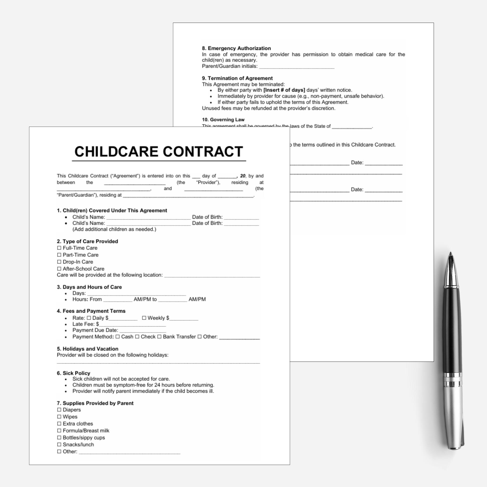 Childcare Contract, Childcare Agreement, Home Daycare Contract, Child ...