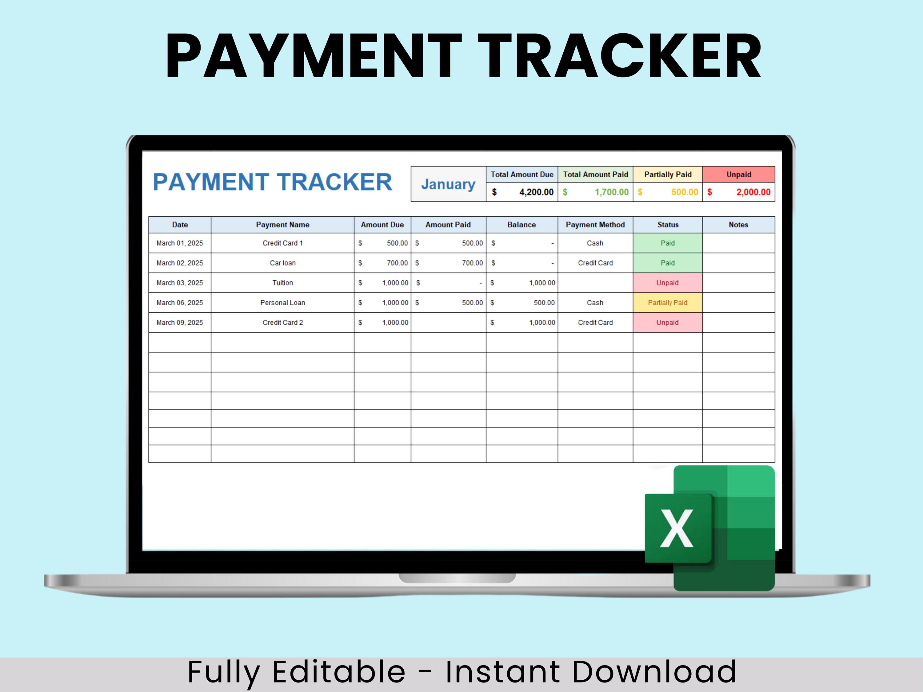 Payment Tracker, Payment Tracker Spreadsheet Excel, Payment Spreadsheet ...