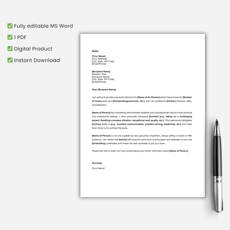 Personal Reference Letter Template, Letter of Recommendation, Character ...