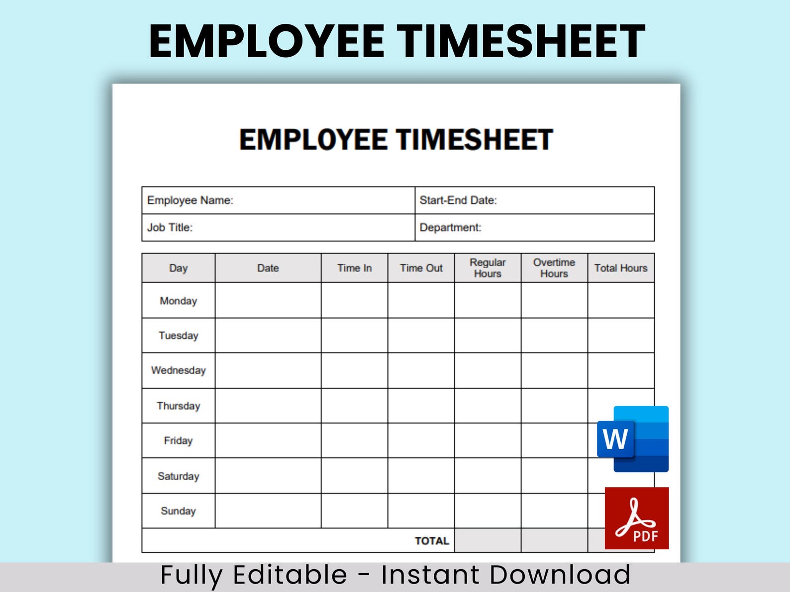 Employee Timesheet, Employee Tracker, Employee Time Sheet, Editable Time Sheet, Timekeeping ...