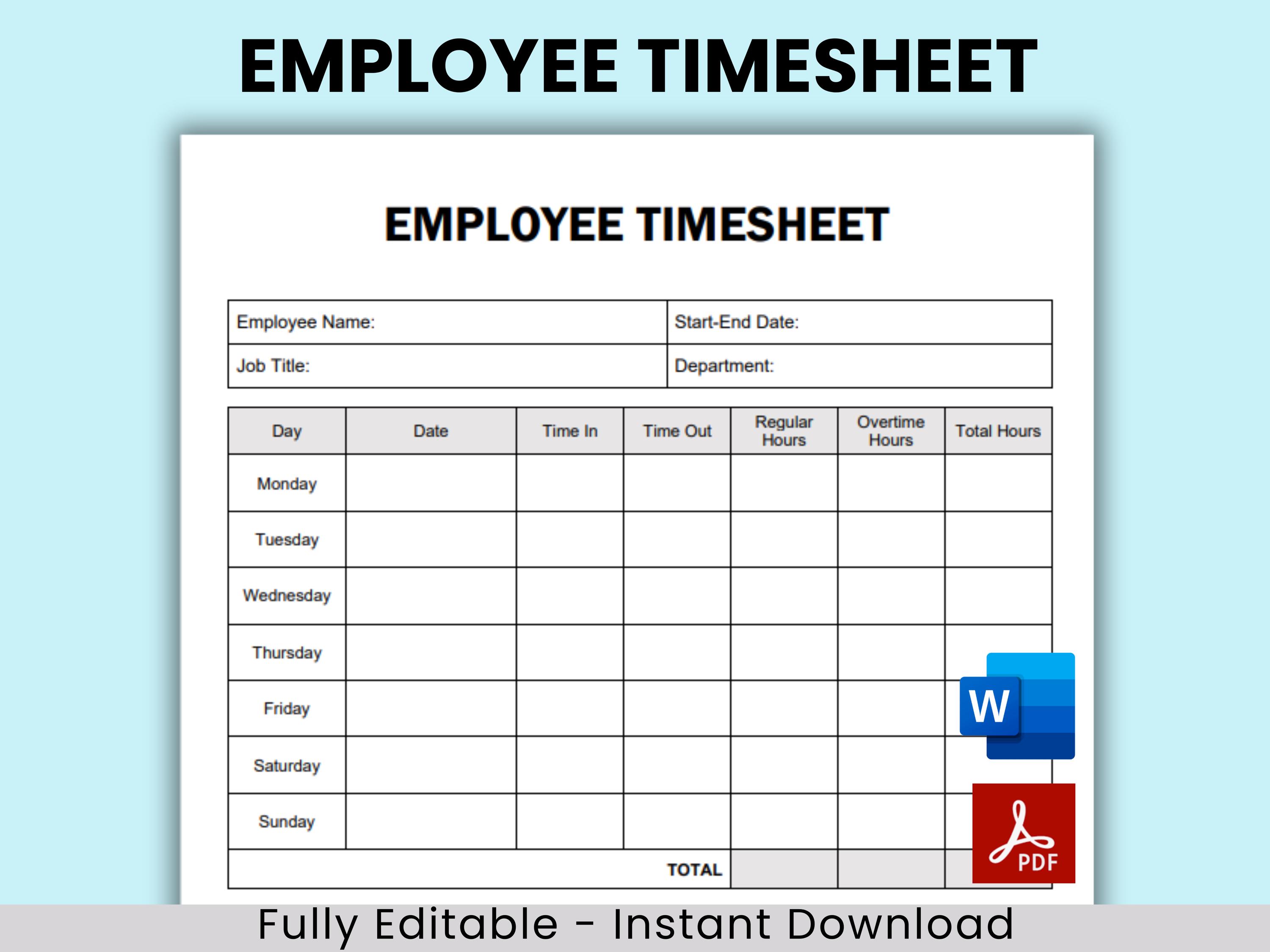 Employee Timesheet, Employee Tracker, Employee Time Sheet, Editable ...