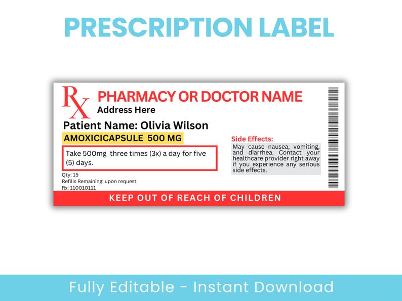 Prescription Label Template, Editable Medicine Label, Pill Bottle Label ...