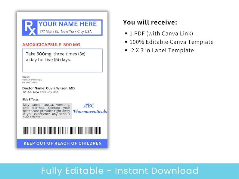 Prescription Label Template, Editable Medicine Label, Fake Prescription ...