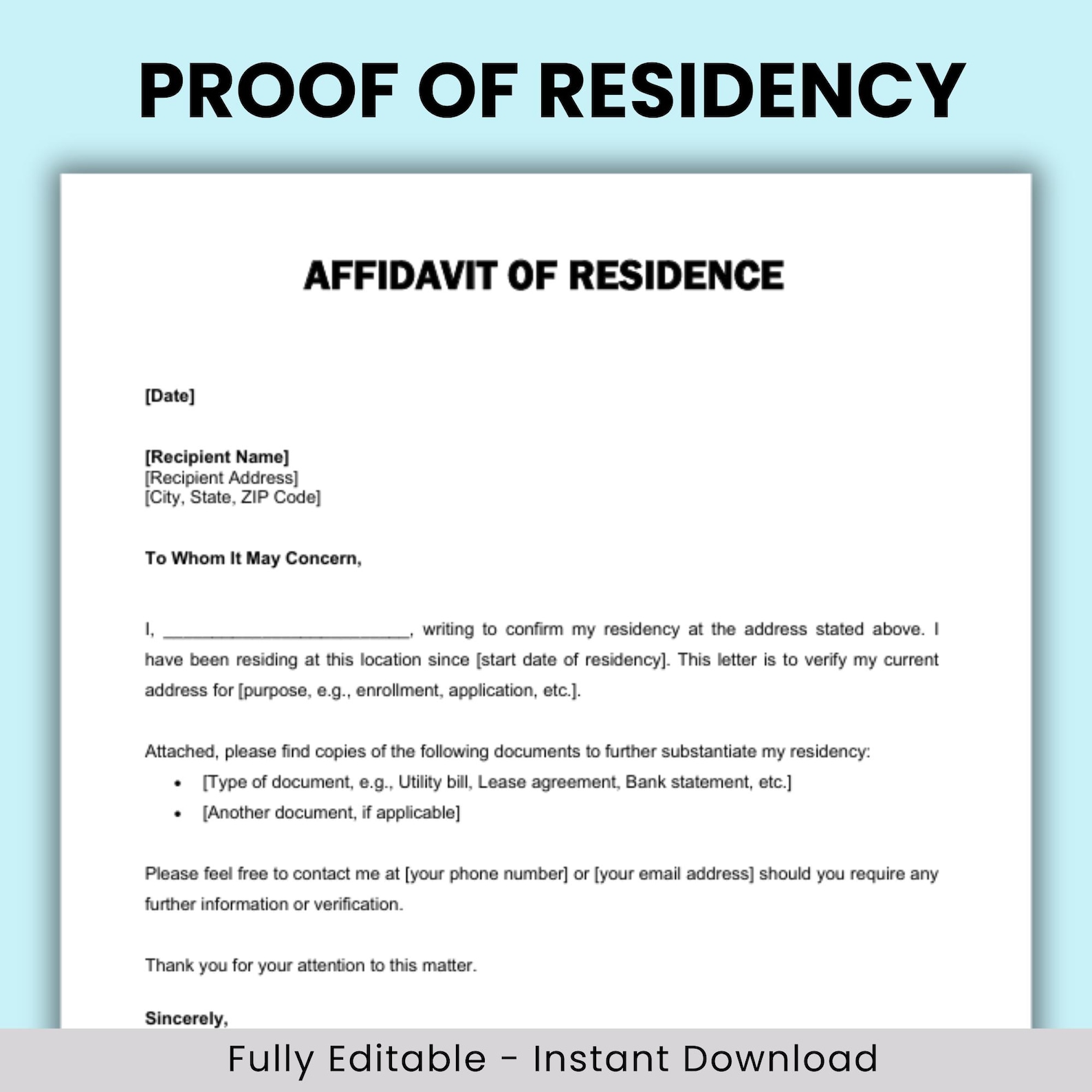 Proof of Residency, Affidavit, Notary Form, Proof Letter, Verification ...