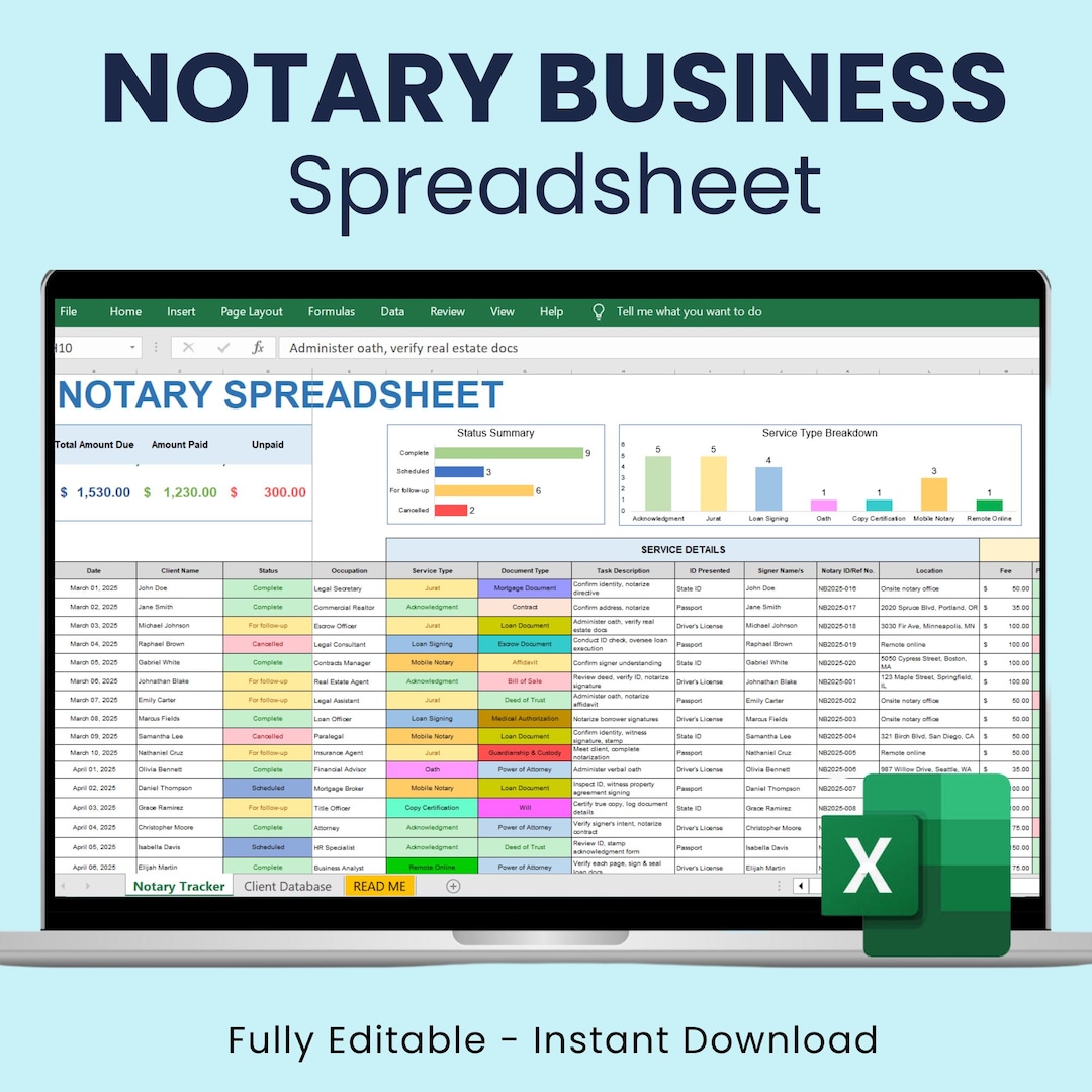 Notary Business Spreadsheet, Notary Spreadsheet, Loan Signing, Notary ...