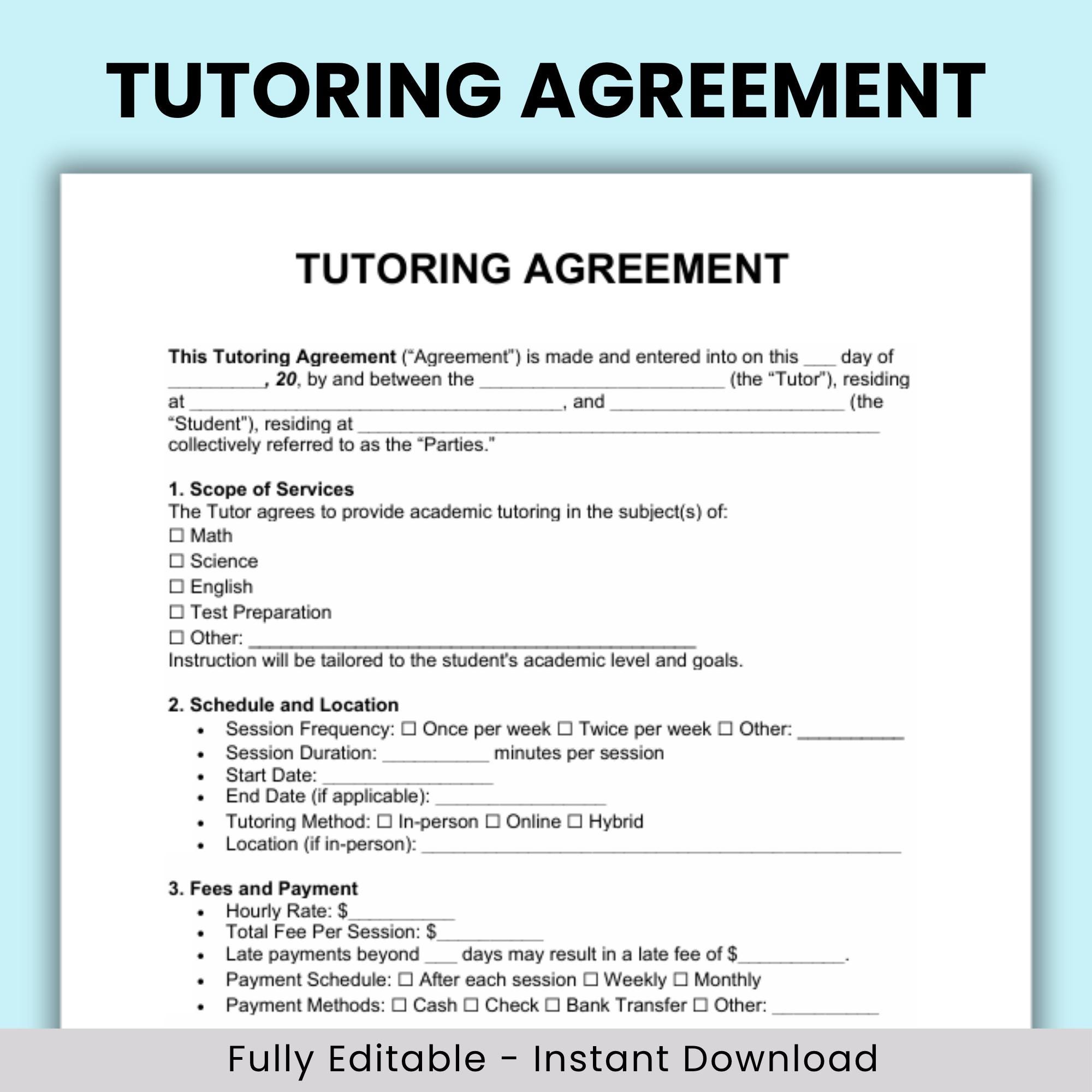 Tutoring Agreement, Tutoring Contract, Summer Tutor, Teaching Contract ...