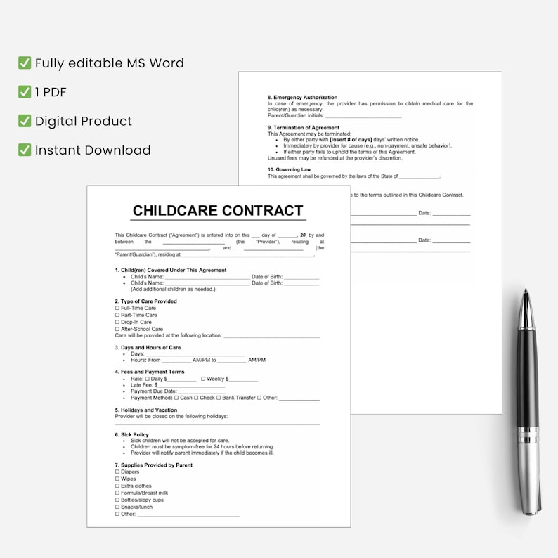 Childcare Contract, Childcare Agreement, Home Daycare Contract, Child ...