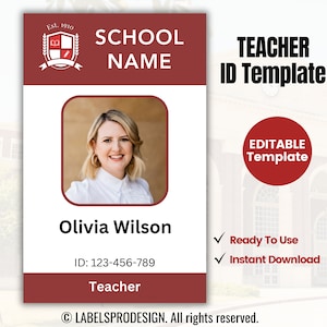 Teacher ID Card Template, Editable ID Template, Custom Teacher, Student ...
