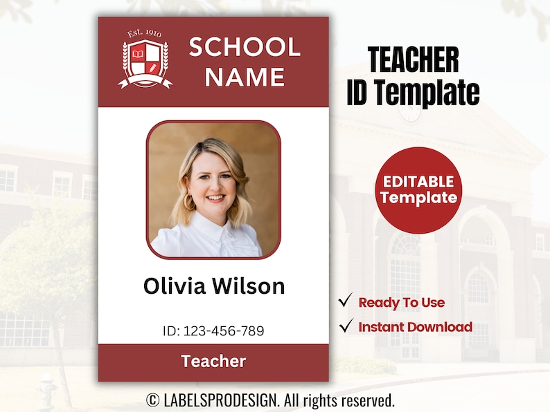 Teacher ID Card Template, Editable ID Template, Custom Teacher, Student ...