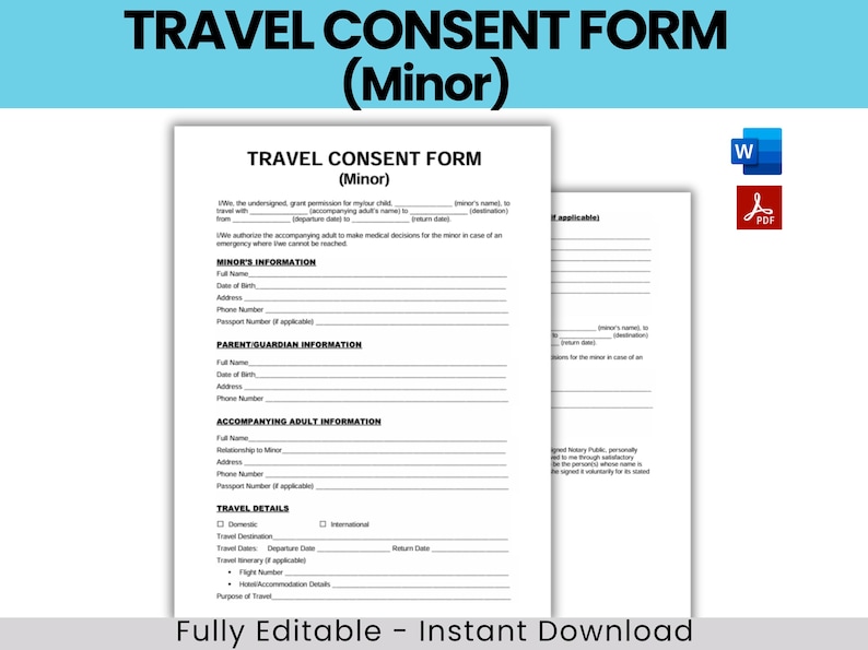 Travel Consent Form for Minors, Parental Consent for Minor Travel ...