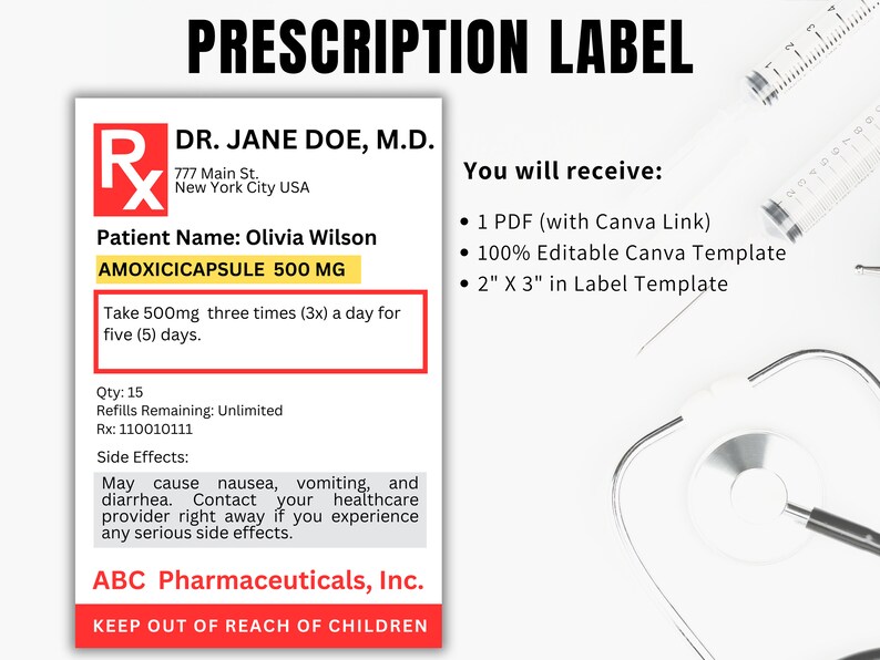Prescription Label Template, Editable Medicine Label, Pill Bottle Label ...