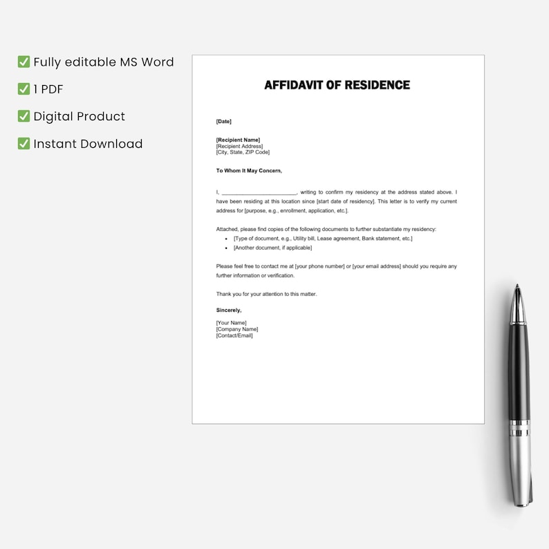 Proof of Residency, Affidavit, Notary Form, Proof Letter, Verification ...