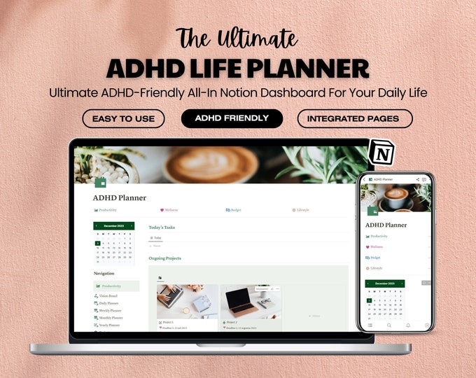 ADHD Notion Template Second Brain Notion Dashboard ADHD All in One Aesthetic Notion Planner ...